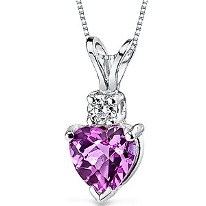 PEORA Solid 14K White Gold Created Pink Sapphire with Genuine Diamond Pendant for Women, Heart Shape Solitaire, 6mm, 1.15 Carats total