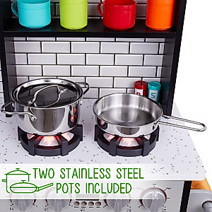 Lil' Jumbl Kids Kitchen Set, Pretend Wooden Play Kitchen, Battery Operated Icemaker, Burners, Faucet & Microwave Makes Realistic Sound & Light, Pots & Pan Included - Charcoal