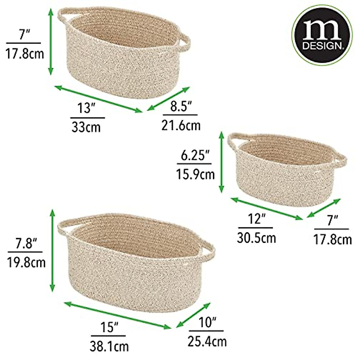 mDesign Rustic Casual Woven Cotton Rope Bathroom Basket with Handles - Storage Organizer Set for Countertop, Floor, Closet or Vanity - Holds Toilet Paper, Towels, or Magazines - Set of 3, Brown