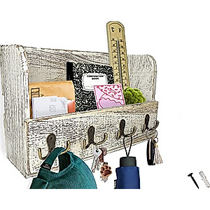 Comfify Wooden Wall Mount Mail Holder Organizer – Rustic Key Holder Organizer for Wall – Magazine Holder with 4 Double Key Hooks – Distressed White Rustic Wall Décor for Entryway
