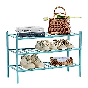 Quiqear Bamboo Shoe Rack, 3 Tier Shoe Rack Organizer, Stackable & Durable Shoe Shelf Holder, Free Standing Shoe Racks, Shoe Storage Organizer for Entryway, Closet, Hallway, 27.2*11*18.3inch (Green)