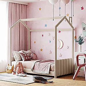 DEYOBED Twin Size Velvet House Bed, Wooden Floor Bed with Upholstered Headboard and Footboard w/Strips, Wood Bed with Roof for Kids, Boys and Girls, Beige