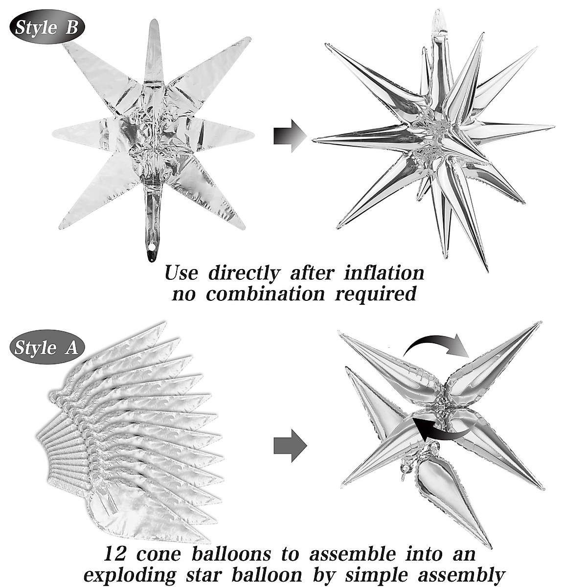 Moukiween 6 Pcs Explosion Star Foil Balloons- 12 Point Star Balloons, Silver Starburst Cone Mylar Balloons Spike Balloons for Party Supplies Christmas Birthday Wedding Baby Shower Photo Booth