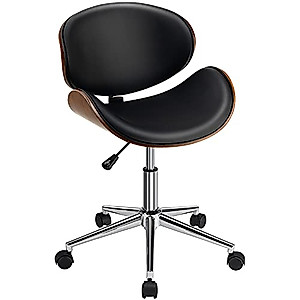 Giantex Mid-Century Home Desk Chair, Faux Leather Armless Office Chair w/Curved Bentwood Seat & Height Adjustable,Ergonomic Modern Rolling Swivel Computer Chair Study Room Office Bedroom,Black