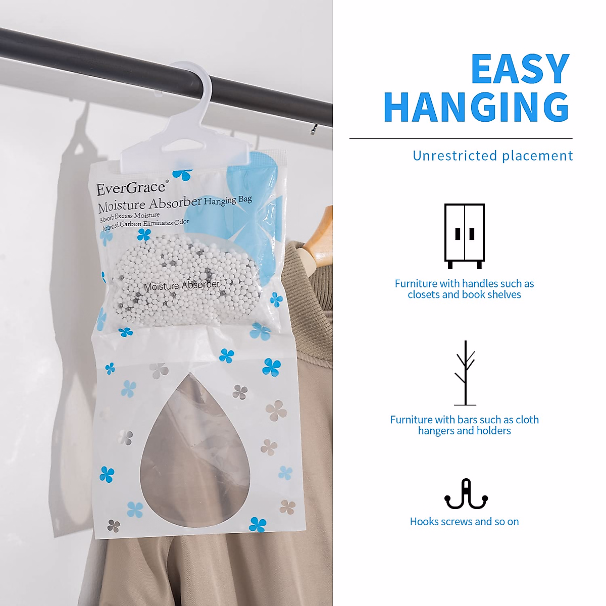 EVERGRACE Moisture Absorbers 10 Packs 240g, Hanging Moisture Bags Fragrance Free Dehumidifier Bags for Basements, Bathroom, Bedroom, Cars, Closets, Dormitory, Kitchen, Laundry Rooms