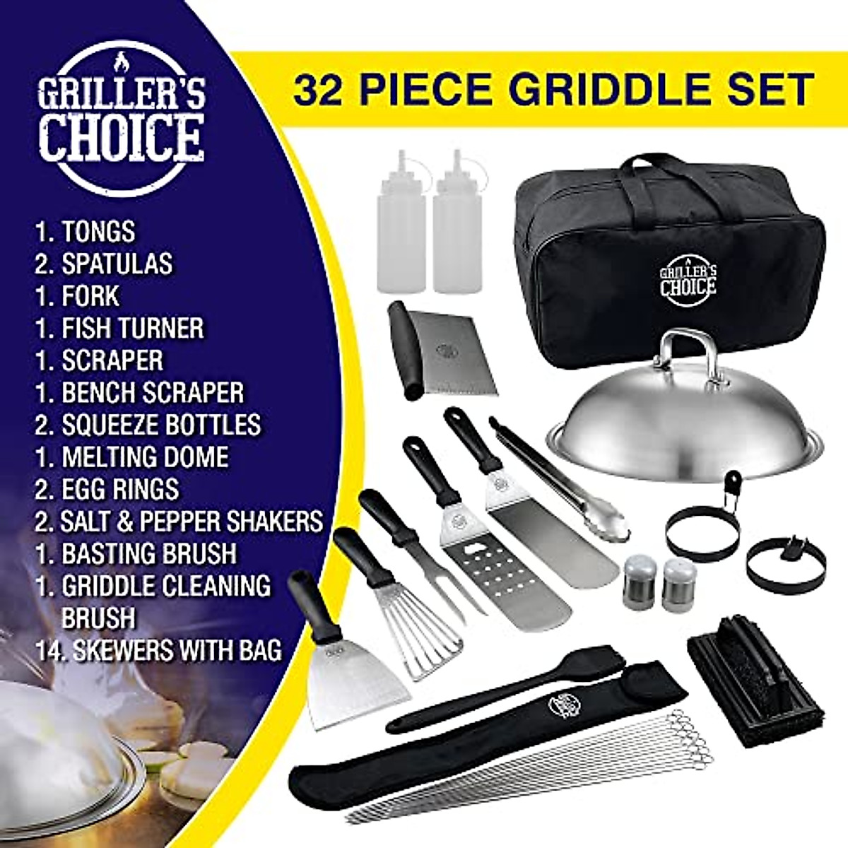 Grillers Choice 32 Piece Griddle Accessories Set Metal Spatulas - Commercial Heavy Duty Stainless Steel,Flat Top,Grill,Indoor-Outdoor,Hibachi,BBQ Grilling Utensils- Designed by Chef and BBQ Judge