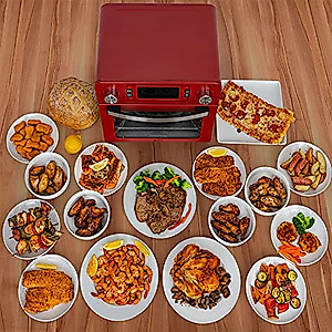 Deco Chef 24 QT Red Stainless Steel Countertop 1700 Watt Toaster Oven with Built-in Air Fryer and Included Rotisserie Assembly, Grill Rack, Frying Basket, and Baking Pan