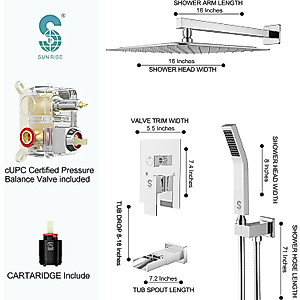 SR SUN RISE 12 Inches All Metal Square Shower System with Tub Spout, Tub Shower Faucet Set, High Pressure Rain Shower Head and Handheld Sprayer Combo Shower Fixtues, Valve Included, Polished Chrome