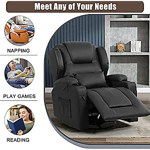 VUYUYU Manual Recliner Chair, Faux Leather 360 Degree Swivel Rocker Recliner Chairs for Living Room, Home Theater Single Sofa Seat with Drink Holders/Lumbar Pillow/Side Pockets (Black) XP7066
