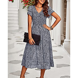 BTFBM Women Casual Summer Short Ruffles Tiered Sleeve Smocked Midi Dresses Bohemian Floral V Neck Wedding Guest Long Dresses（Floral Dark Blue,Large