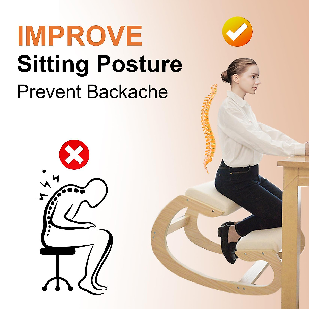 QIUJIARUI Ergonomic Kneeling Chair with Comfort Cushion，Wooden Rocking Seat for Improved Posture – Perfect for Home and Office Use (Beige)