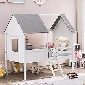Harper & Bright Designs House Twin Bed for Kids, Low Loft Bed Frame Twin Size, Wood Kids Twin House Bed with Two Side Windows and Roof for Kids,Teens, Girls & Boys, No Box Spring Needed (White+Gray)