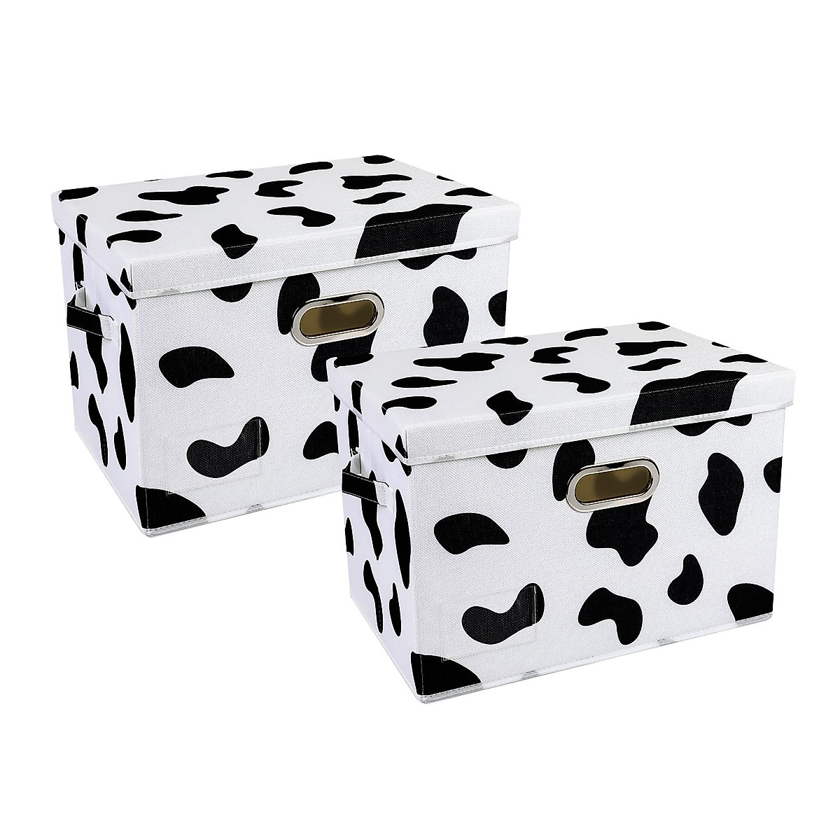 ANMINY 2PCS Large Storage Bins Cow Print Foldable Cotton Linen Lidded Box Basket Cubes Set with Removable Lids PP Plastic Board Handles Label Window Home Closet Shelf Clothes Toys Organizer Containers