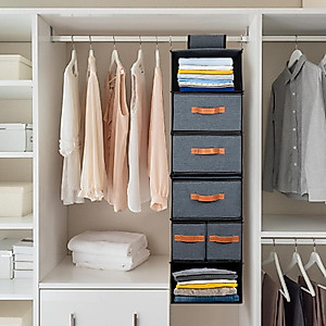 BinWhiz 12.6x12.6x44.1 Inch Hanging Closet Organizer and Storage Shelves, 6-Tier Shelf Clothes Organizers Bins with Drawers and Hooks for Closet Wardrobe Organization and Storage - Gray