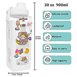 Fanovo Kawaii Water Bottle for Girls, Cute Kids Water Bottles with Straw, Carton Water Jug Large Square Drinking Bottle, Portable Leakproof Aesthetic Water Cup + 3D Stickers/Shoulder Strap, 30 oz