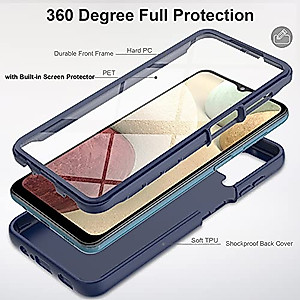 for Samsung Galaxy A12 Case with Built-in Screen Protector, Full Body Protection Shockproof Cover Case, [Rugged PC Front Bumper + Soft TPU Back Cover] Armor Protective Phone (Navy Blue), GTPY-SA12-B