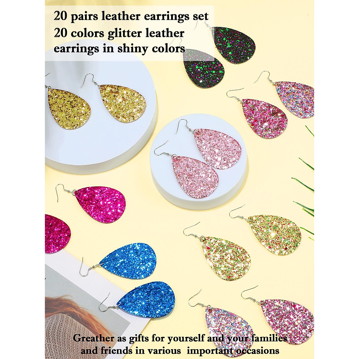 Hicarer 20 Pairs Glitter Teardrop Earrings Bulk Leather Lightweight Leaf Dangle Earring Fashion Jewelry for Women(Bling Color)