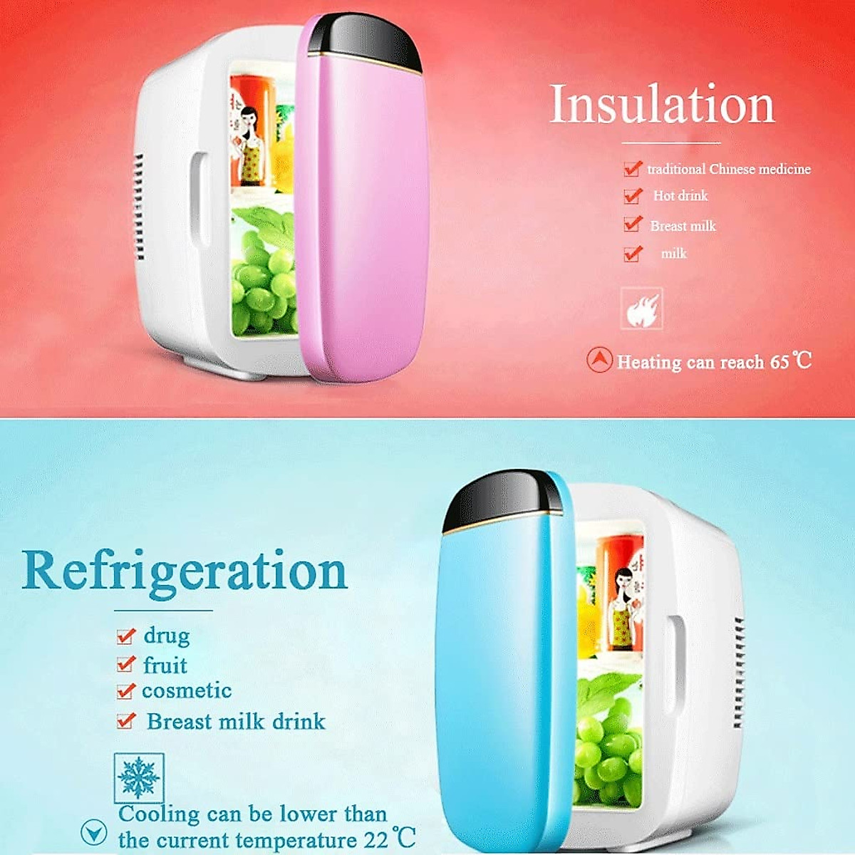 ROLTIN Mini Fridge Mini Fridge Cooler & Warmer 6L Capacity, Compact, Portable And Quiet For Car Home Office Dorm Skincare Cosmetics(Color:White) (Blue)