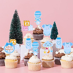 36 PCS Oh Baby Cupcake Toppers Double Sided Pacifier Cloud Moon Star Welcome Baby Boy Cupcake Picks Baby Shower It's a Boy Cake Decorations for Baby Shower Kids Boys Birthday Party Supplies Blue