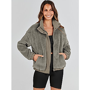 ANRABESS Womens Fleece Jacket Casual Long Sleeve Cropped Sherpa Button Down Fuzzy Warm Coats Fall Outwear With Pockets Grey Medium
