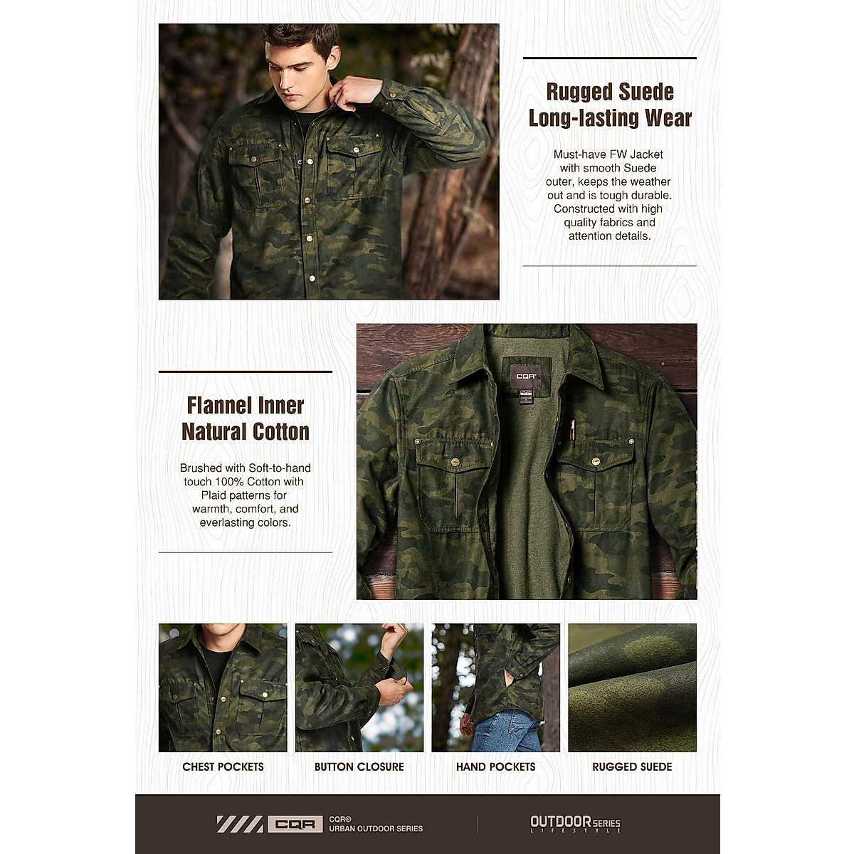CQR Men's Flannel Lined Shirt Jackets, Long Sleeved Rugged Plaid Cotton Brushed Suede Shirt Jacket, Flannel Print Lined Camo Olive, X-Small