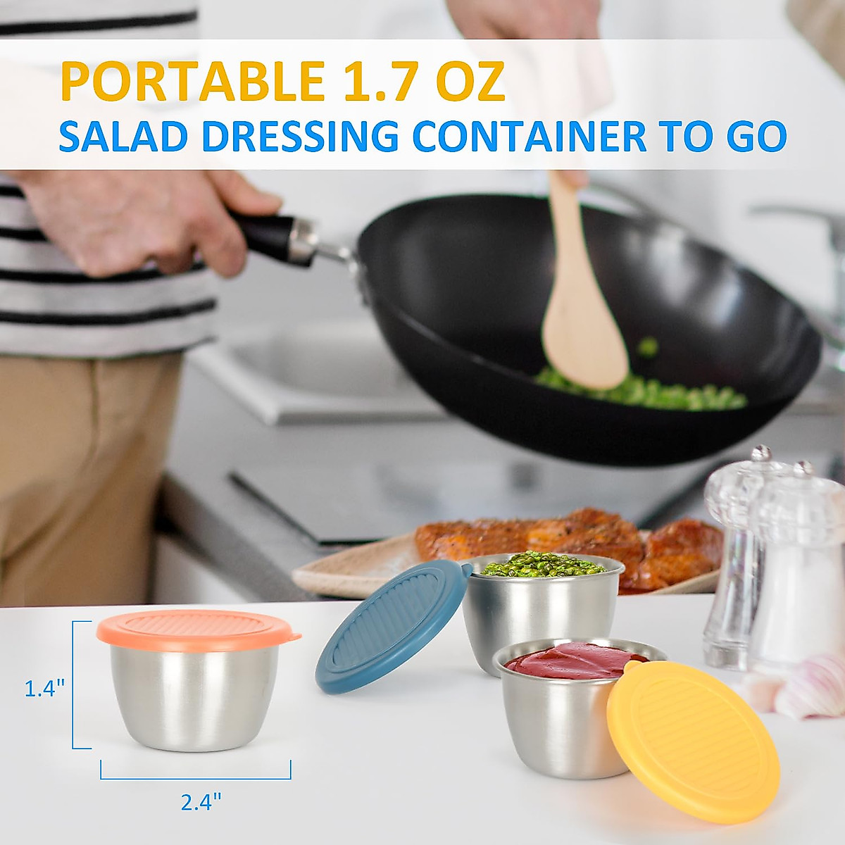 ZORGONS [6 Pack 1.7 oz Salad Dressing Container To Go - Small Condiment Containers with Lids, Reusable Stainless Steel Sauce Cups - Leakproof Silicone Lids for Lunch Bento Box, Picnic and Travel.