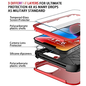 Diverbox for iPhone 14 Case [Shockproof] [Dropproof] [Tempered Glass Screen + Camera Lens Protector],Heavy Duty Protection Phone Case Cover for Apple iPhone 14 (Red)