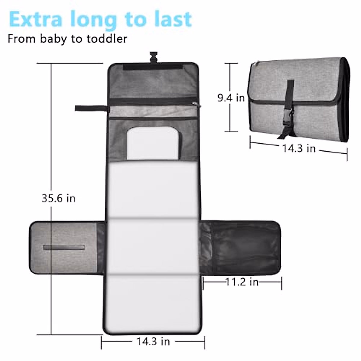 Portable Baby Changing Pad, SKYROKU Detachable Travel Changing Pad, Smart Wipes Pocket with Built-in Pillow -Waterproof & Large Changing Area-Foldable Travel Baby Changing Kit Black