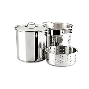 All-Clad Specialty Stainless Steel Stockpot, Multi-Pot with Strainer 8 Quart Induction Oven Broiler Safe 600F Strainer, Pasta Strainer with Handle, Pots and Pans Silver