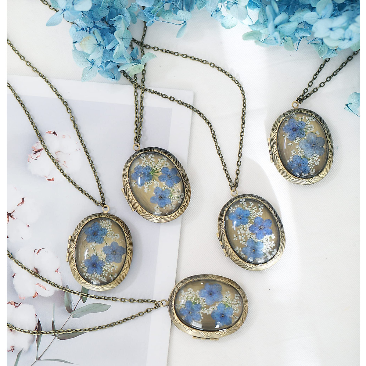 JewelryLand Handmade Oval Shaped Pressed Flower Vintage Photo Locket Resin Long Necklace (Forget Me Not), blue, pink, yellow, purple