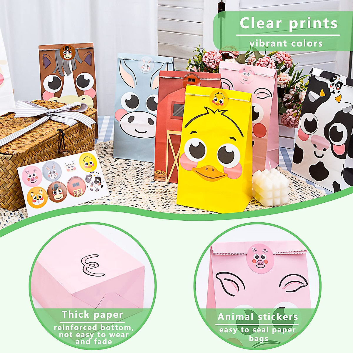 LovesTown 32PCS Farm Animal Party Favor Bags, Goodie Bags with Stickers Treat Bags for Farm Birthday Party Baby Shower Barnyard Gift Bags
