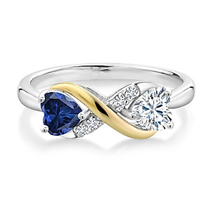 925 Sterling Silver and 10K Yellow Gold Heart Shape Blue Created Sapphire and Forever Classic Moissanite from Charles & Colvard Ring For Women (1.04 Cttw, Available in size 5, 6, 7, 8, 9)