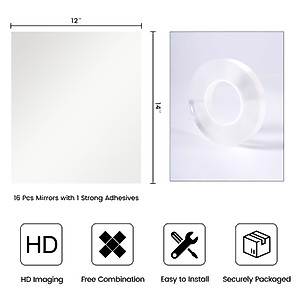 FOLUVUR 16PCS 14"x12" Home Gym Mirror Wall-Mounted Glass Full Length Mirror Tiles Door Mirror Wall Mirror Full Body Mirror Frameless for Dance Garage Yoga