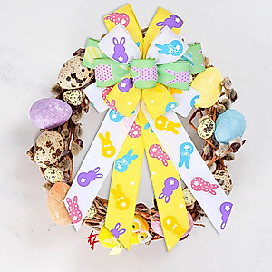 Large Easter Bows for Wreath, Green White Yellow Burlap Ribbon Bow Easter Rabbits Wreath Bows Holiday Spring Bows for Front Door Easter Party Decorations Supplies