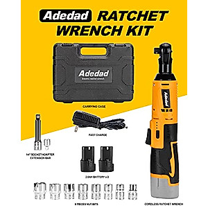Adedad Cordless Electric Ratchet Wrench Set, 3/8" Power Ratchet Wrench, 40 Ft-lbs 400RPM 12V Battery Ratchet Tool Kit with 2 Pack 2.0Ah Lithium-Ion Battery and 1 Fast Charger