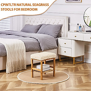 Cpintltr Foot Stool Natural Seagrass Hand Weave Poufs Square Ottoman Bench Modern Dressing Stool Small Stool Side Table Footstool with Wood Legs Vanity Stool for Bathroom Living Room Natural White