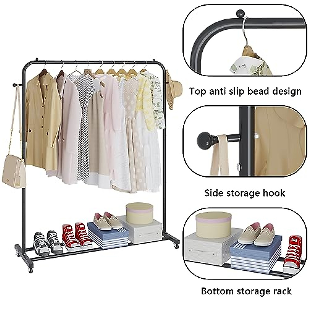 Boeeoan Garment Rack, Freestanding Simple Single Pole Clothes Rack With Wheels, Coat Rack, Multi-functional Rolling Clothing Storage Rack With 2 Hooks for Bedroom, Laundry Room, Living-room, Black