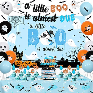 Balterever A Little Boo is Almost Due Baby Shower Decor Blue Orange Halloween Baby Shower Decors for Boys with Halloween Baby Shower Backdrop Cake Topper Spider Wall Sticker for Little Boo Party Decor