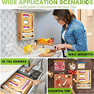 YITOBA Thicker Bag Storage Organizer, Bamboo Baggie Organizer with Aluminum Foil Dispenser, Foil and Plastic Wrap Organizer with Cutter, 6 in 1 Sandwich Bag Organizer for Drawer Kitchen