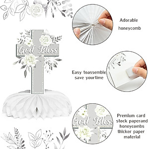ANGOLIO White Sliver Floral Honeycomb Centerpieces - 12Pcs God Bless Table Decor Honeycomb Cross Centerpieces Baptism Religious Party Table Toppers for Bible Baby Shower Birthday Party Decor Supplies