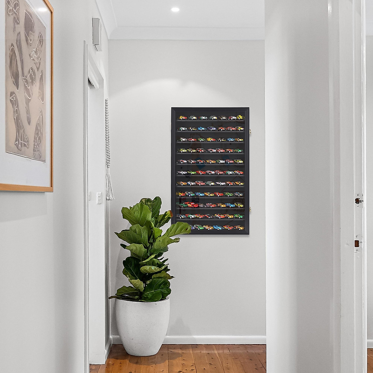 Hot Model Toys Cars Diecast Display Case Cabinet Wall Rack Compatible with Wheels and Matchbox Cars 1/64-1/43 Scale, 26.5" H X 16" W X 3.25" D Black Color Frame