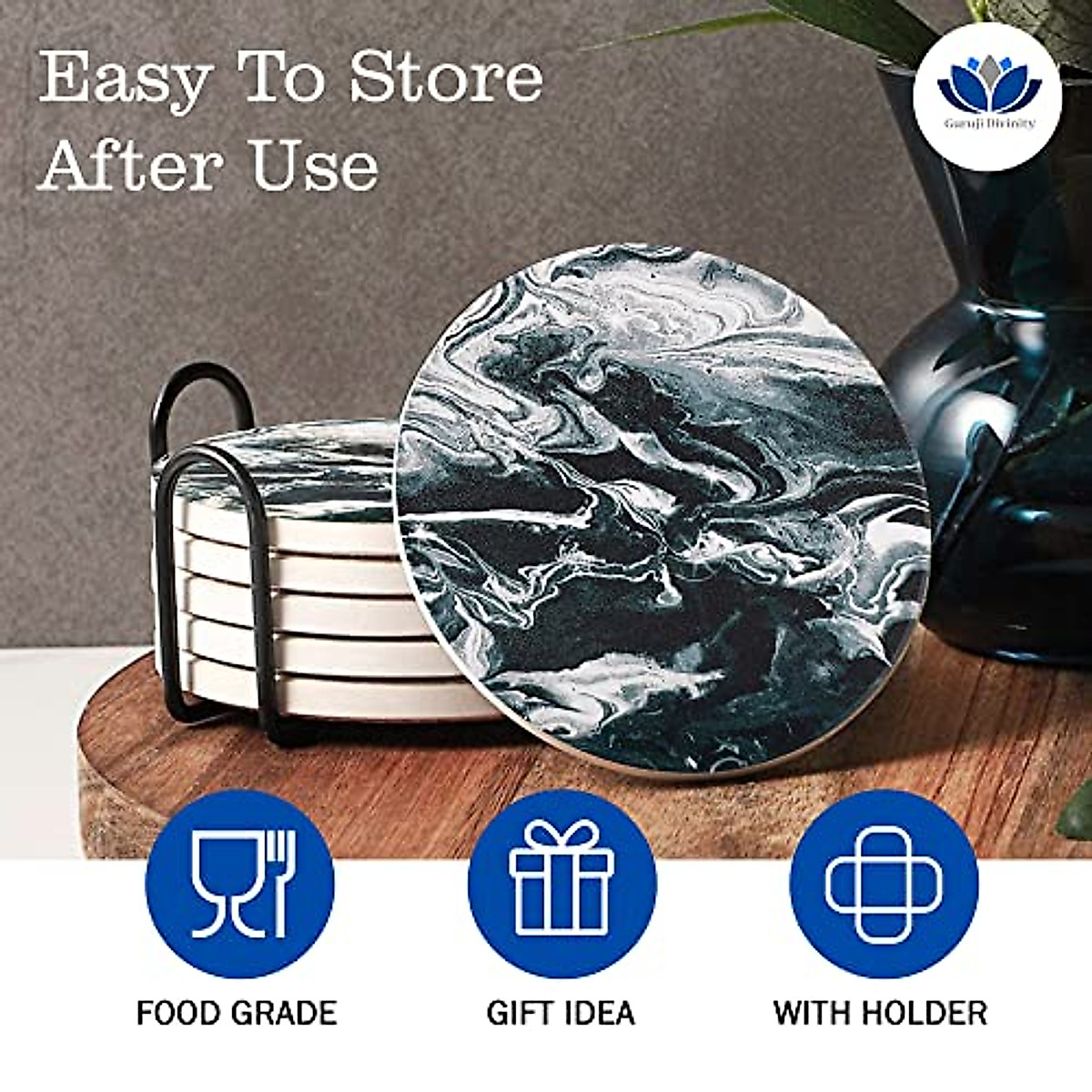 Coasters for Drinks, Round Absorbent Ceramic Stone Coasters Set of 6 with Cork Base, Funny Drink Coasters with Holder for Cold Drinks Wine Mugs and Cups Tabletop Protection, 4 Inches (Black)