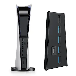 TNP PS5 USB Hub 3.1, Extension USB Type C 3.1 High-Speed Transmission Extender (Black) with 4 USB + 1 USB Charging Port + 1 USB C Port Converter Splitter for PlayStation 5 Dualsense