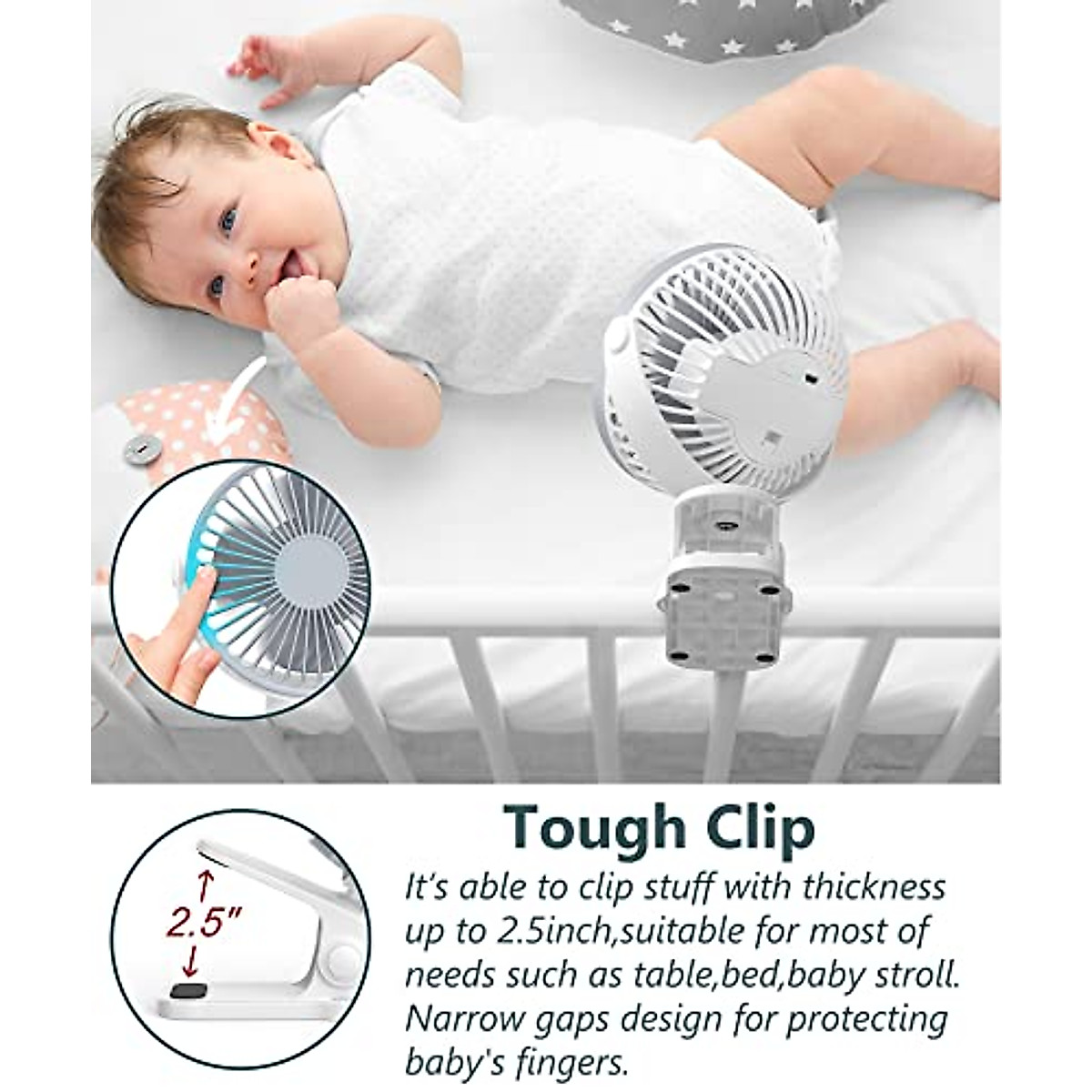 TYZU 5 Inch Clip on Fan, 3-Speed Desk Fan, 2500mAh Battery Operated Portable Stroller Fan with Strong Clamp, Small Dorm Fan with Strong Airflow, 360°Rotate, Quiet USB Fan for Bed Office Treadmill