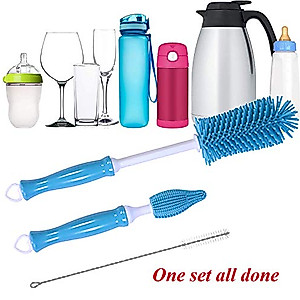 Silicone Soft Touch Bottle Brush, Baby Bottle Cleaning Brush, Long Handle Kitchen Cleaner Silicone Brush for Washing Glass, Baby Bottles, Mugs, Narrow Neck Water Sport Bottles, Set of 3(Blue)