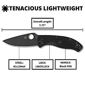 Spyderco Tenacious Lightweight Folding Utility Pocket Knife with 3.39" Black Stainless Steel Blade and Black FRN Handle - Everyday Carry - PlainEdge - C122PBBK