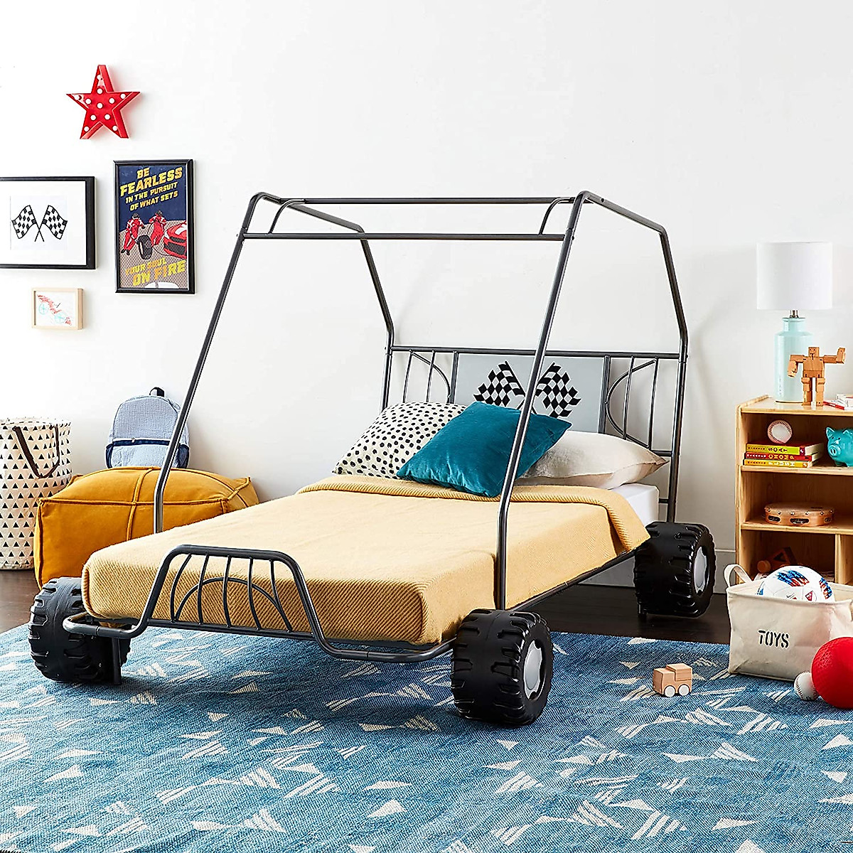 Metal Twin Size Kids Bed with Racer Cart Design ,Go Kart Car Bed for Boys, Twin Bed Frame with Four Wheels and Headboard ,Sturdy Slat System, No Box Spring Needed, Fit for Kids Teens Bedroom,Gunmetal