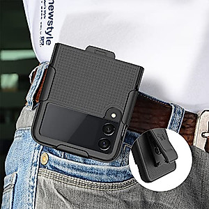 Case with Clip for Galaxy Z Flip 3 5G, Nakedcellphone [Grid Texture] Slim Hard Shell Cover and [Rotating/Ratchet] Belt Hip Holster Holder Combo for Samsung Z Flip3 Phone (SM-F711, 2021) - Black