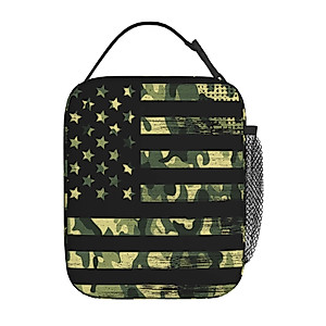 vlaxwaif American Flag With Green Camo Lunch Bag Insulated Lunch Box For Women Men,Durable Portable Adult Cooler Lunch Tote Boys Girls Lunchbox With Side Pocket For Work Office School