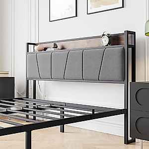 GJHOME Queen Size Bed Frame, Storage Headboard with Charging Station, Solid and Stable, Noise Free, No Box Spring Needed, Easy Assembly (Queen Size)